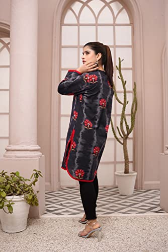 IshDeena Indian Pakistani Short Kurti Tunic Tops - Printed Khaddar Fabric for Women - Office & Casual Wear, Designer, M-3XL (Medium/Black)