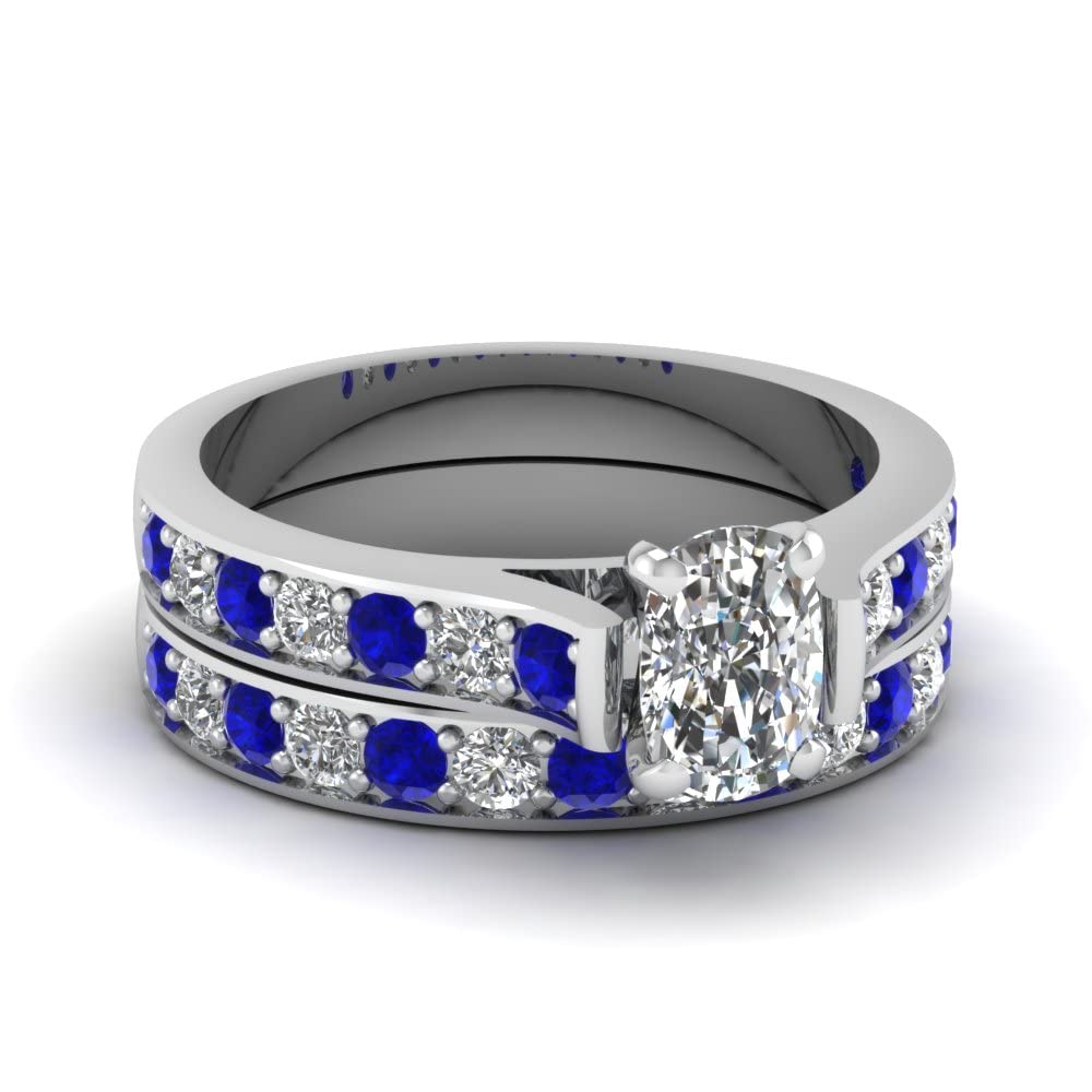 CustomizedGifts Cathedral Pave Diamond Bridal Set sterling silver Created Blue Sapphire Cushion shape Blue color Wedding Ring Sets pave Setting in Size 7 Party Wear Daily Wear Ornament