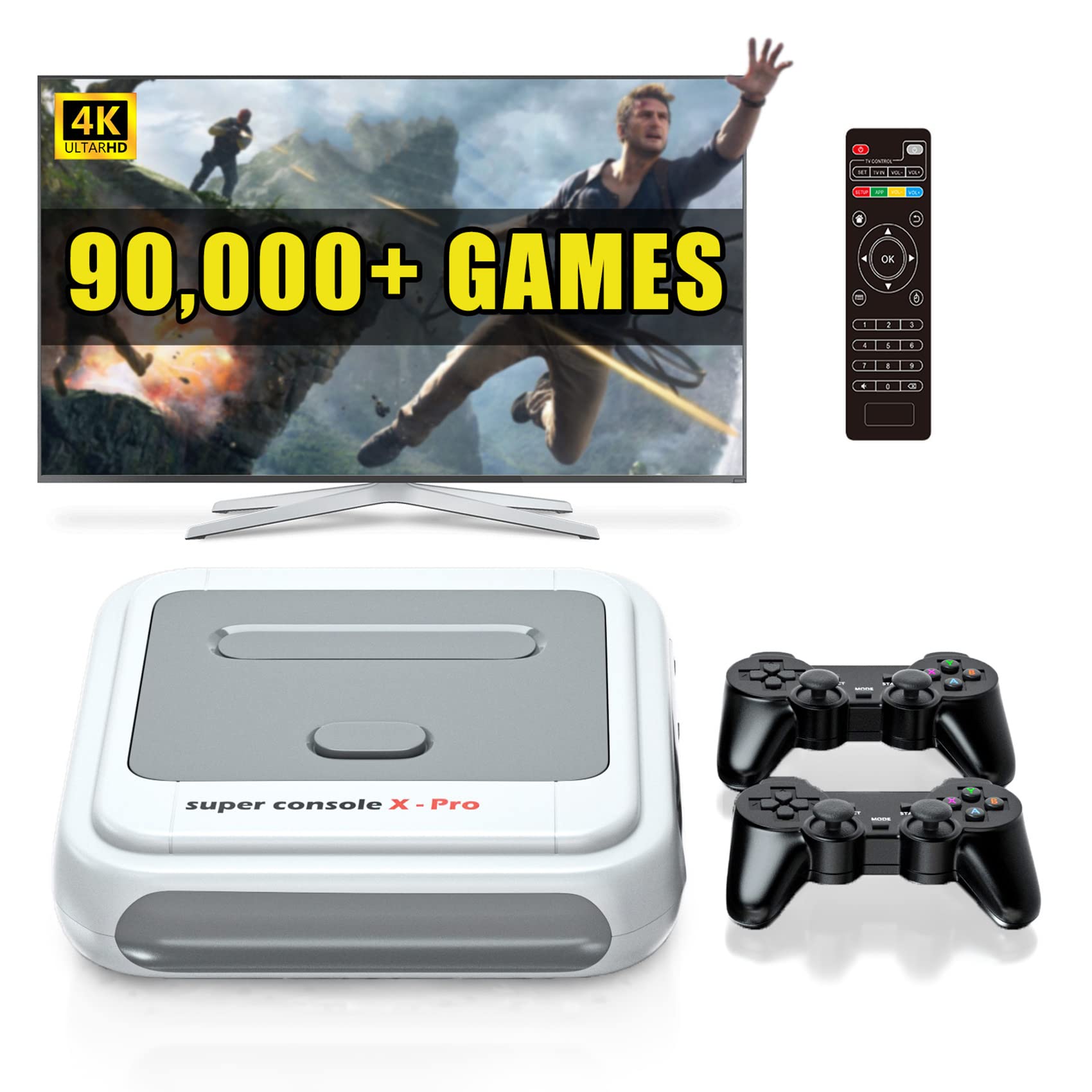 Classic super console X PRO has EmuELEC game system/Android TV system,retro game console pre-installed with 90,000+ games, 62+ emulators。Support wifi/1000M Ethernet, plug and play video game console