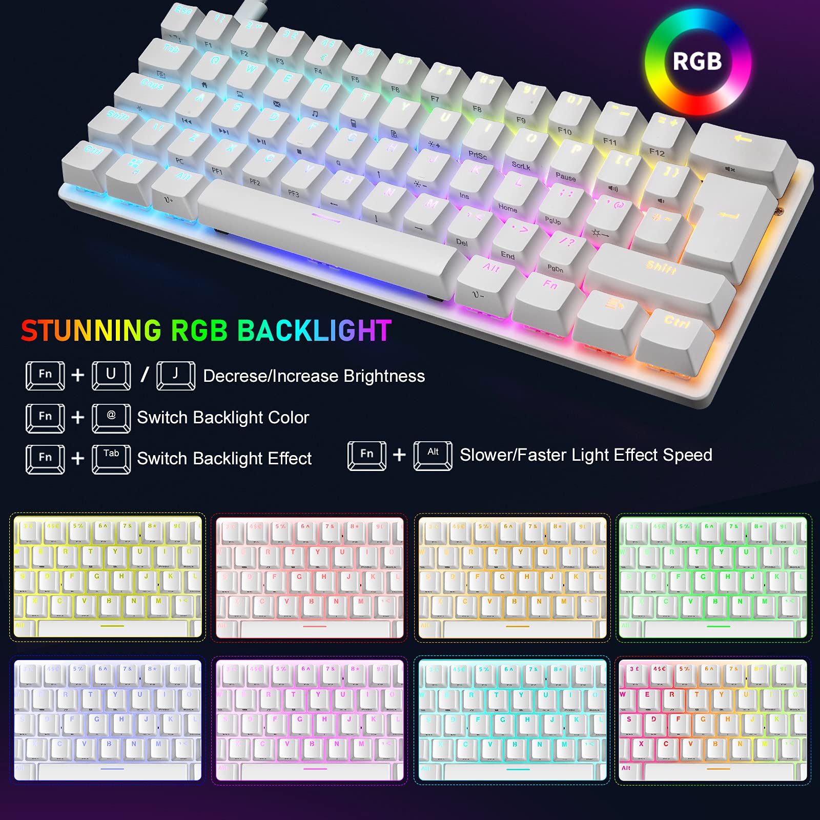 Compact 60% Mechanical Gaming Keyboard with Ergonomic Anti-ghosting Mini 61 Key Layout Rainbow RGB Backlight Waterproof Metal Plate Type-C USB Wired for PC Mac Gamer Office Typist (White/Red Switch)