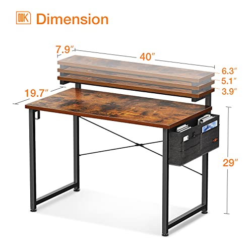 ODK Computer Desk with Adjustable Monitor Shelves, 40 inch Home Office Desk with Monitor Stand, Writing Desk, Study Workstation with 3 Heights (10cm, 13cm, 16cm), Rustic Brown