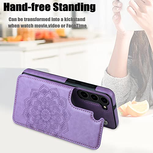 MMHUO for Samsung Galaxy S23 Case with Card Holder,Flower Magnetic Back Flip Case for Samsung Galaxy S23 Wallet Case for Women,Protective Case Phone Case for Samsung Galaxy S23 5G (2023),Purple