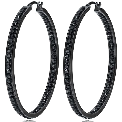 IUITY Medium Black Hoop Earrings for Women Girls Big Hoop Earrings Stainless Steel Hypoallergenic Black Diamond Hoops Large Rhinestone Earrings for Sensitive Ears Summer Jewerly Gifts 40mm