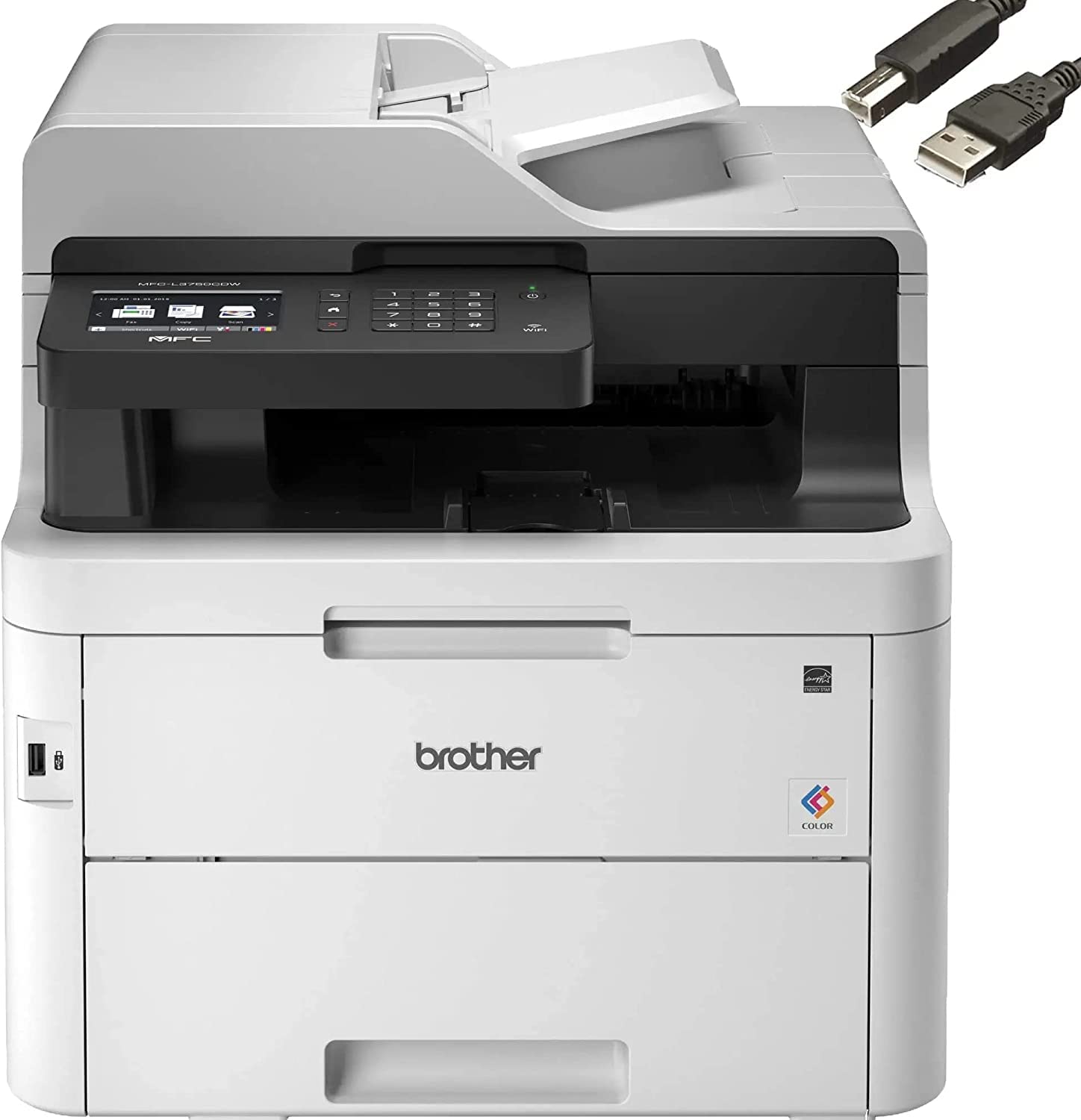 Brother MFC-L3750CDW Color All-in-One Laser Printer, Print Scan Copy Fax, Automatic 2-Sided Printing, 3.7 Inch Color Touchscreen, 600 x 2400 dpi, 50 Sheet ADF, Bundle with JAWFOAL Printer Cable