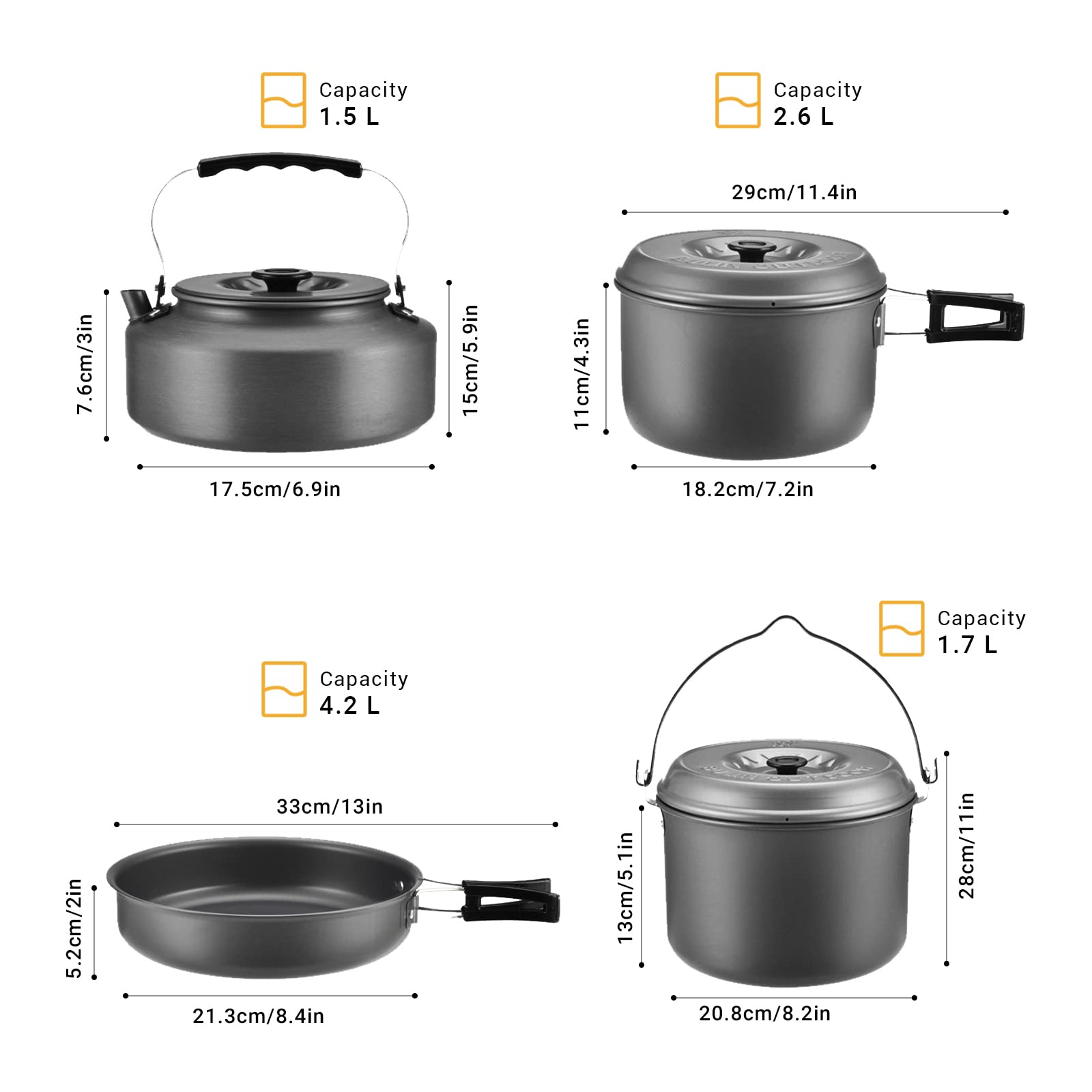Bulin 13Pcs Camping Cookware Mess Kit, Nonstick Backpacking Cooking Set, Outdoor Cook Gear for Family Hiking, Picnic Lightweight Cookware Sets(Kettle, Pots, Frying Pan, BPA-Free Bowls, Plates, Spoon)