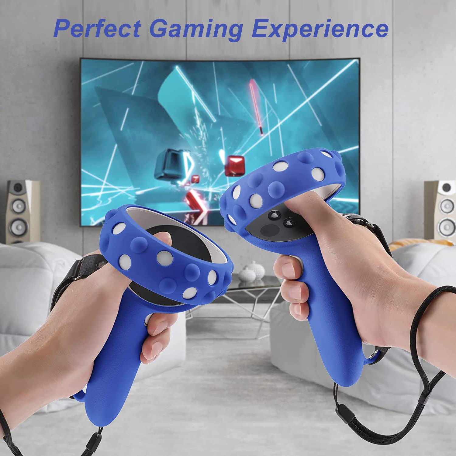 Compatible with Oculus Quest 2 Accessories | Lengthening Controller Grip Cover with Battery Opening | VR Shell Cover | Silicone face Cover | Protective Lens Cover (Blue)