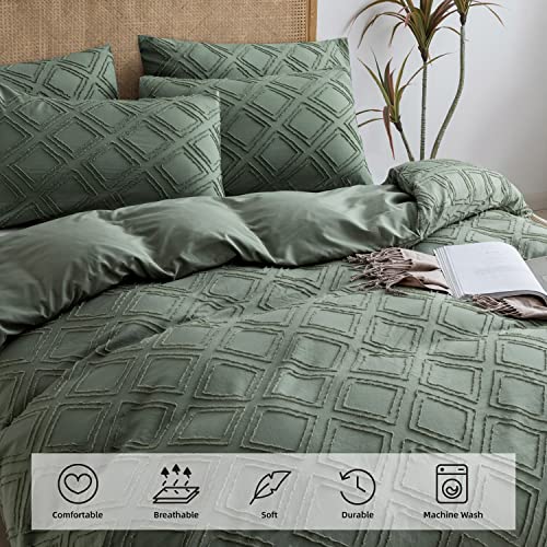 JELLYMONI Green Duvet Cover Twin Size - 3 PCS Microfiber Tufted Duvet Cover Set, Boho Textured Duvet Cover Jacquard Rhombus Geometric Pattern Duvet Cover with Corner Ties & Zipper Closure