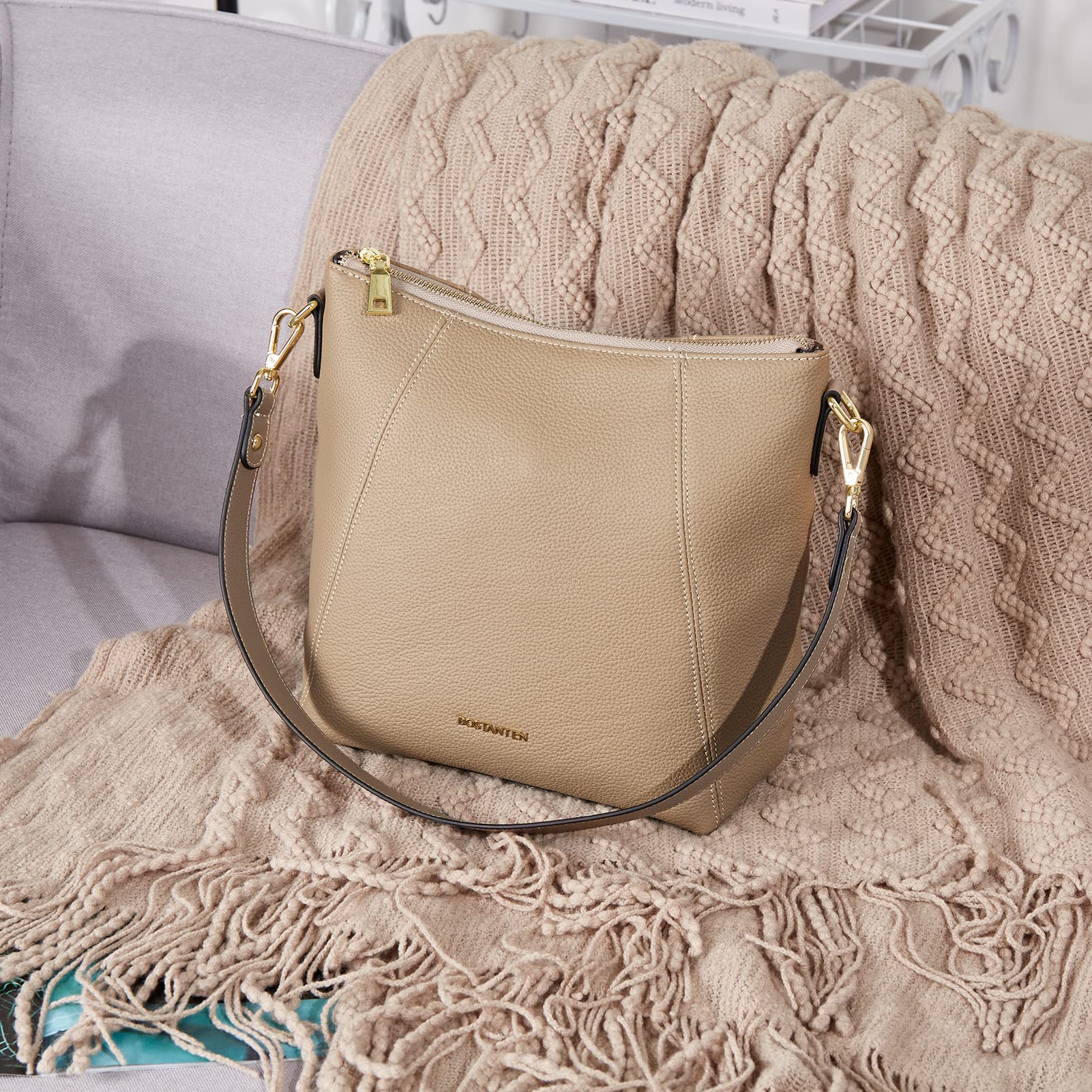 BOSTANTEN Leather Hobo Handbags Designer Purses for Women Shoulder Crossbody Bags Beige