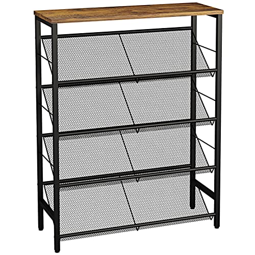 LIDYUK Shoe Rack, 5-Tier Shoe Organizer with 4 Slanted Metal Mesh Storage Shelves and Wood Top, Free Standing Shoe Rack for Entryway, Hallway, for 20-24 Pairs of Shoe Storage, Rustic Brown