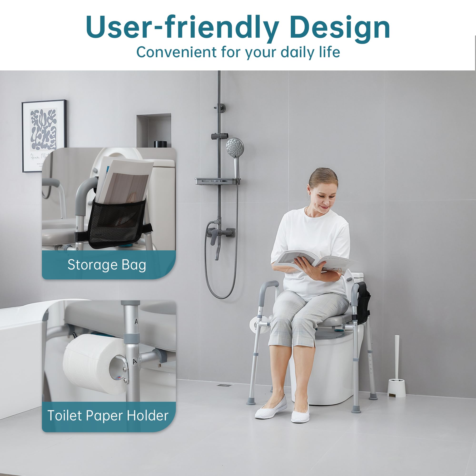 ELENKER Raised Toilet Seat with Armrests and Padded Seat, Elevated Toilet Seat for Elderly and Disabled, Adjustable Height, Grey