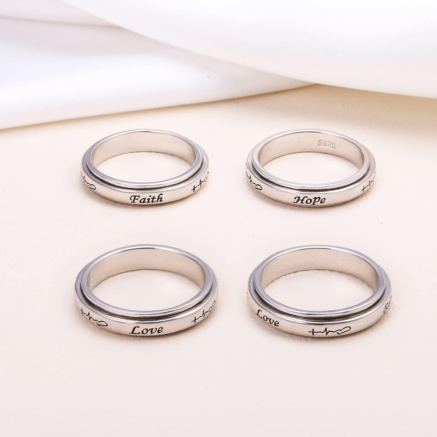 DAOCHONG S925 Sterling Silver Spinner Fidget Anxiety Stress Relieving Boredom ADHD Autism Faith Hope Love Rings for Women, Size 9