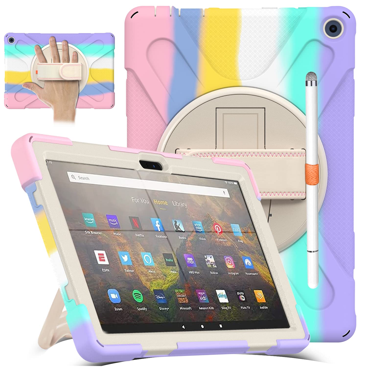 Case for Fire HD 10/10 Plus Tablet Case with Pencil (11th Generation, 2021 Release), Screen Protector, 360 Rotating Stand, Hand Strap, Full-Body Drop Proof Protection Case - Colorful+Pink