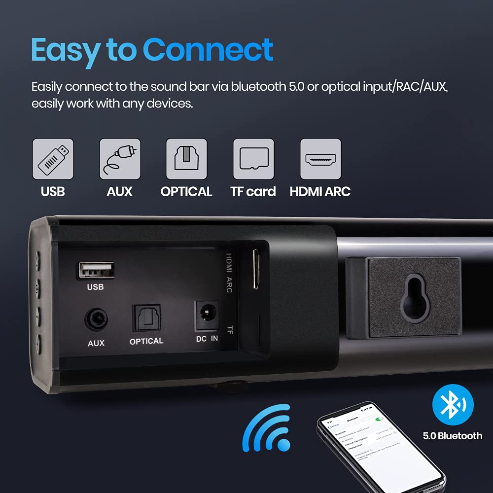 Sound Bars for TV, Dyplay 20-Inch Small Bluetooth 5.0 Soundbar, Built-in DSP, 100W 4 Equalizer Modes Audio, HDMI/Optical/AUX/TF/USB Connection for TV, Smartphones, PC, Home Theater, Gaming, Projectors