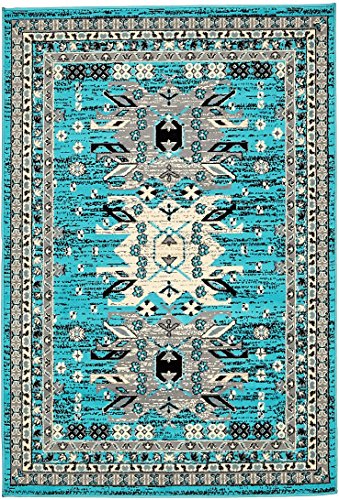 Unique Loom Taftan Collection Border Geometric Tribal Inspired Design Area Rug, 4 ft x 6 ft, Turquoise/Gray