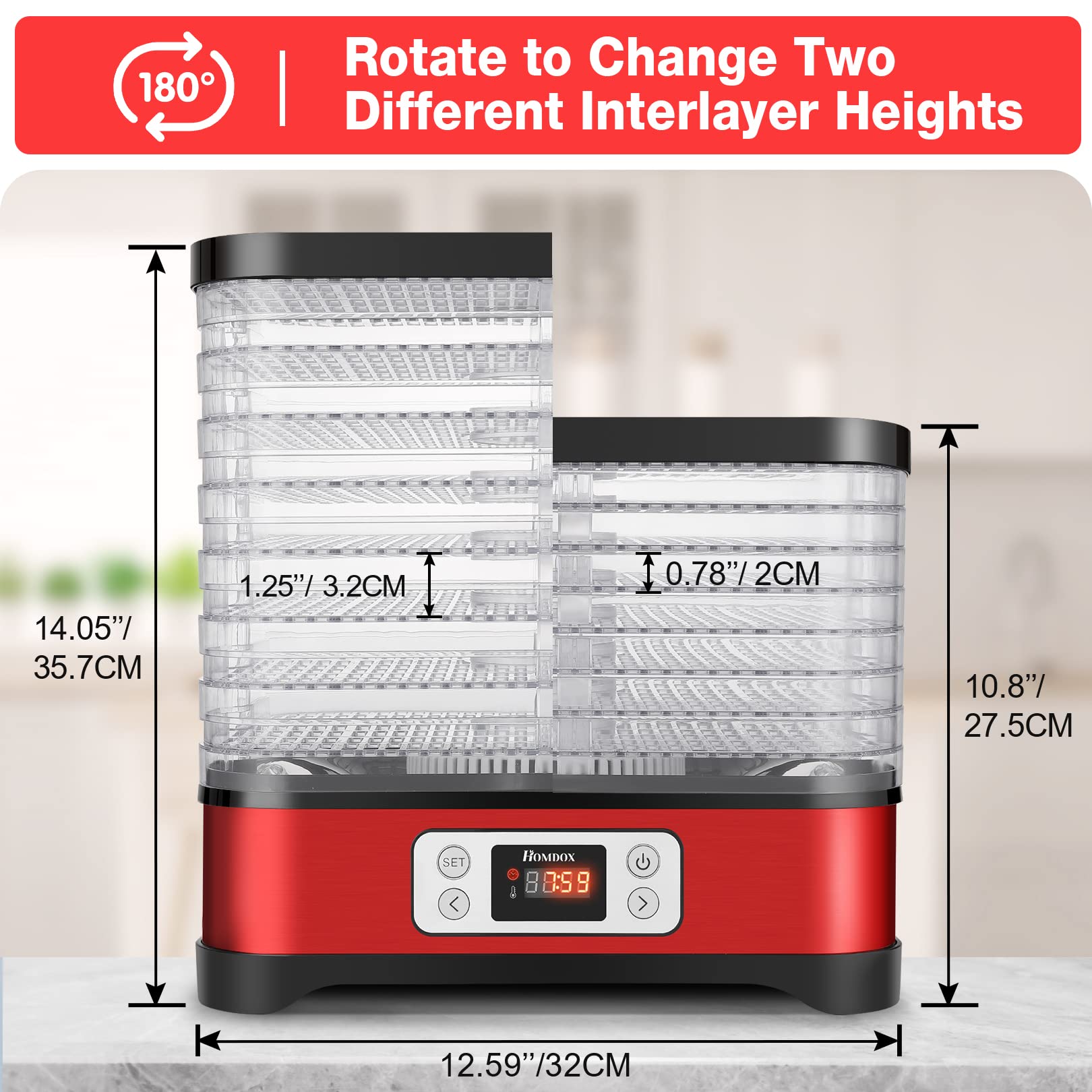 COOCHEER Food Dehydrator Machine, 400W 8 Trays Dehydrators for Food and Jerky with 72H Digital Timer and 95-158β Temperature Control, BPA-Free, Fruit Dehydrator Perfect for Meat, Jerky, Herbs, Red