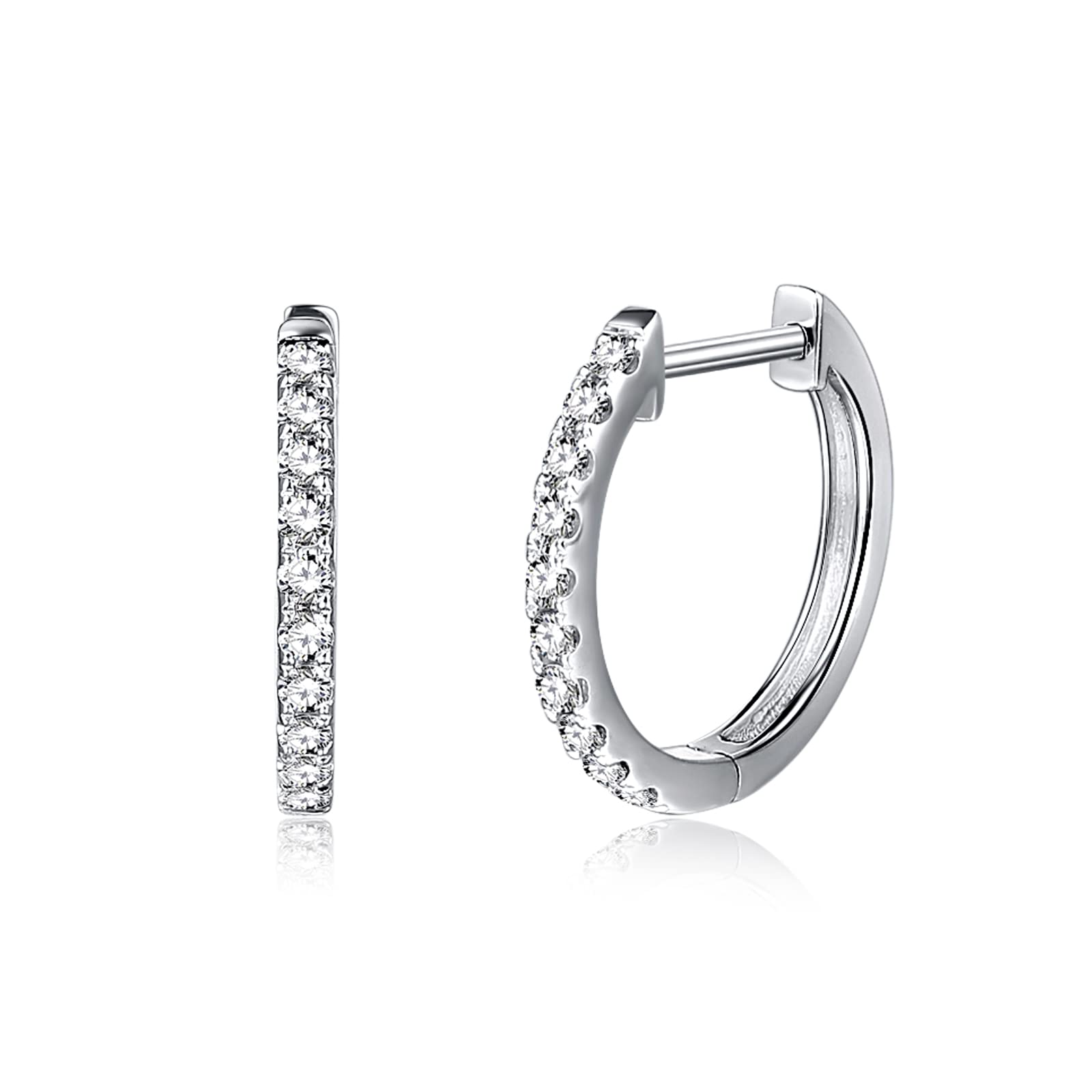 Carleen 14K Solid White Gold 0.2cttw Diamond Hoop Earrings Round Cut Small Tiny Cute Huggie Hinged Cartilage Hoop Earrings Fine Jewelry For Women, Diameter 3/5 inch (Color I-J,Clarity SI)