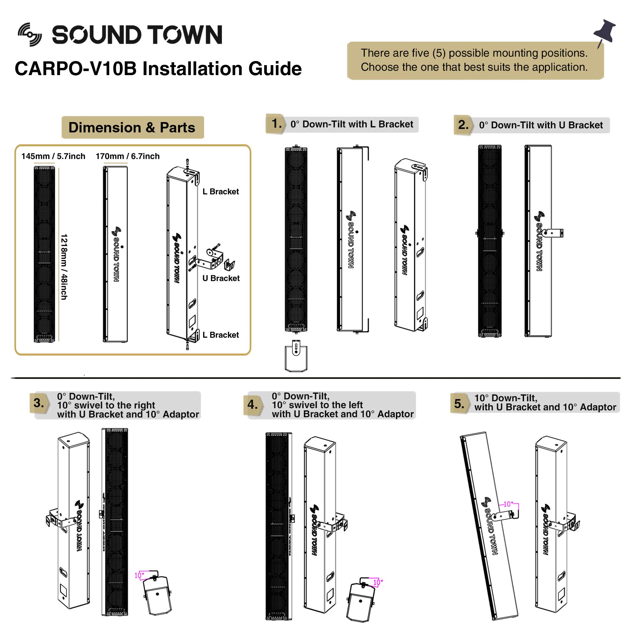 Sound Town Passive Wall-Mount Column Mini Line Array Speaker with 8 x 5” Woofers, Black for Live Event, Church, Conference, Lounge (CARPO-V10B)