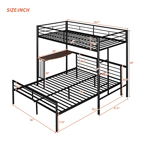 MOEO Twin Over Full Metal Bed with Desk and Ladder for Kids, Adults, Bedroom, Steel Bunk Bedframe w/Slats, No Box Spring Needed, White, Black
