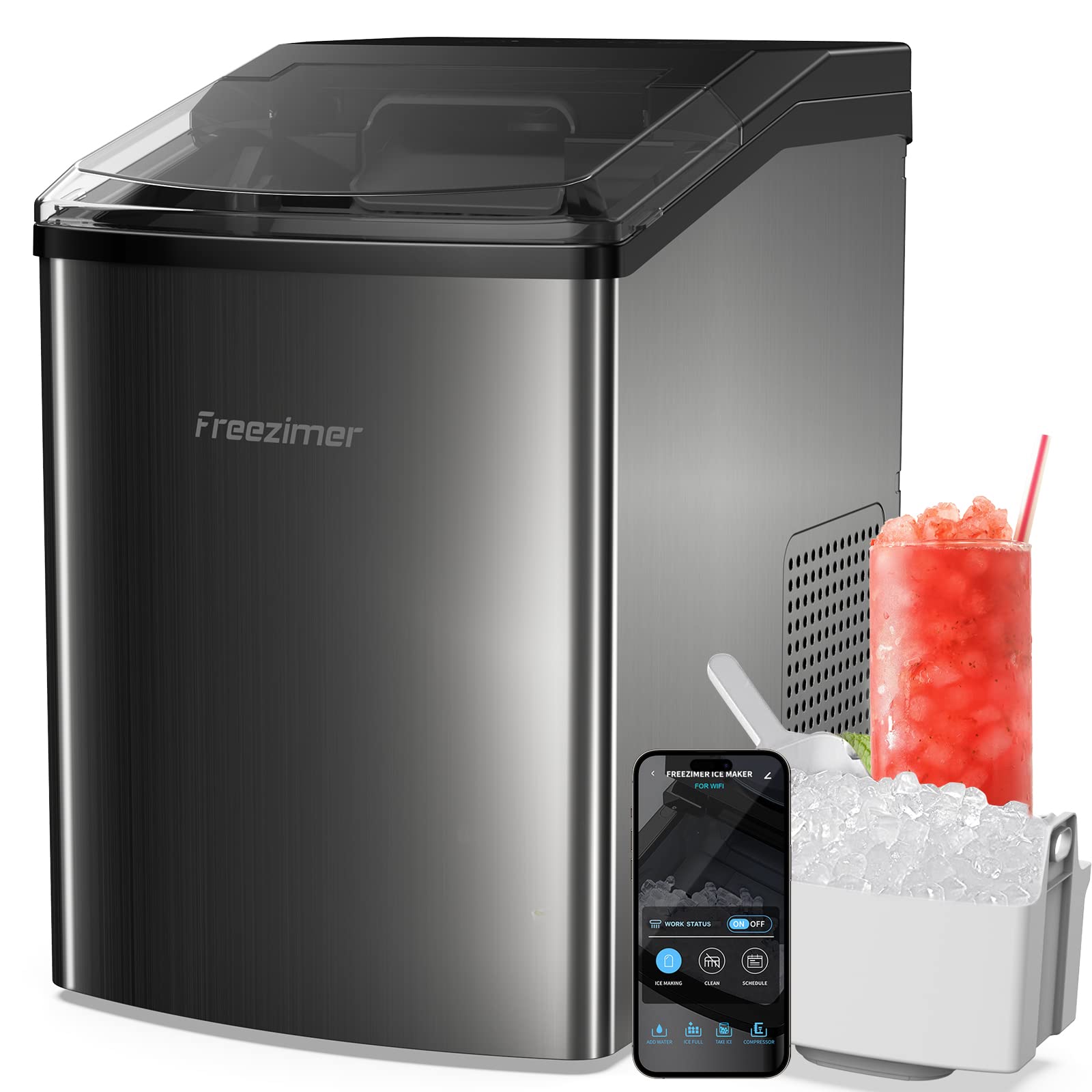 Freezimer Nugget Ice Maker Machine Countertop Sonic Ice | Pebble Ice Maker Chewable Soft Ice | Self Cleaning Pellet Ice Makers | 40lbs/24h