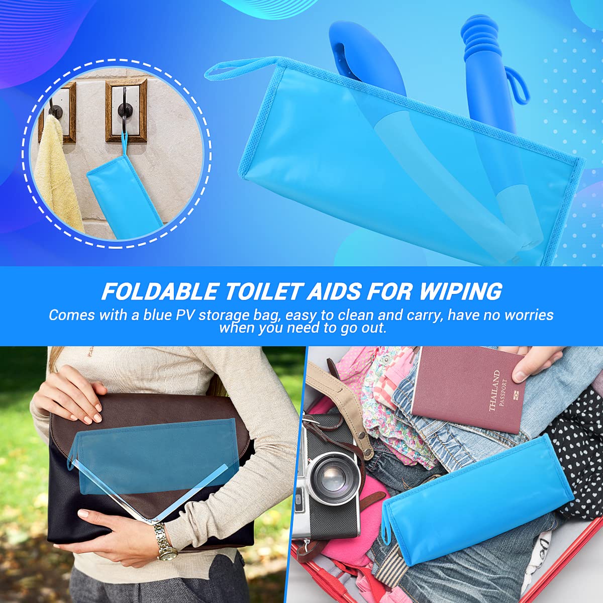 Foldable Butt Wiper, Jhua 15.7" Toilet Aids for Wiping, Comfort Silicone Bottom Buddy Wiping Aid with Hanging Ring, Hook, Carrying Bag, Toilet Aid Tools Bathroom Personal Care, Blue