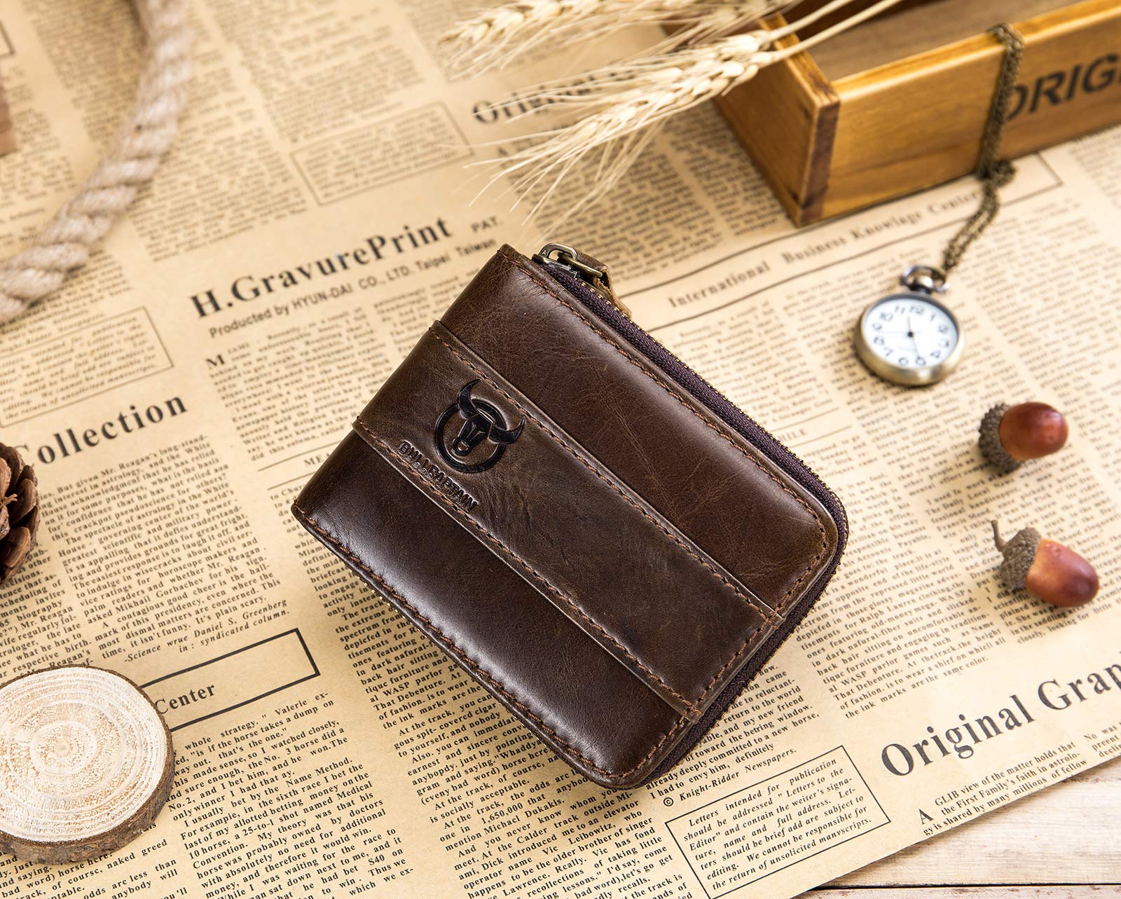 BULLCAPTAIN RFID Blocking Men’s Wallet,Genuine Leather Zip Around Vintage Multi Card Holder Zipper Wallet for Men Bifold Purse With ID Window(Brown)