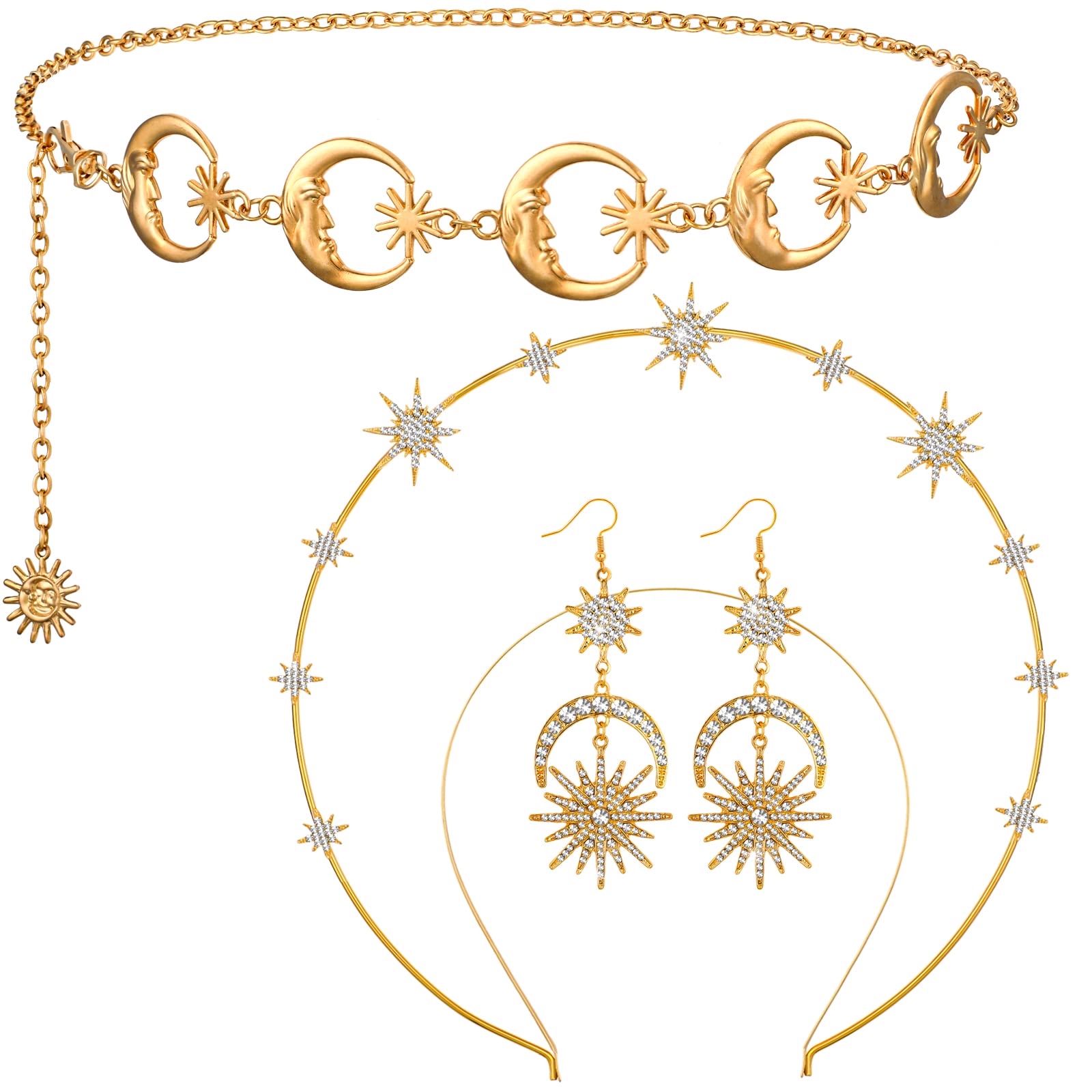 Cunno 3 Pieces Crown Earrings for Women Belt Chain Set Stars Crown Drop Earrings Moon Star Body Chain Belt (Elegant)