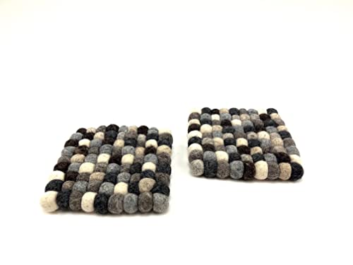 Handmade Trivet, Felt Ball Trivet, Potholders, Trivets, 100% Wool, Felt, Hot Pot Holders (Set of 2) Hot Pads, Flexible, Durable, Heat Resistant Mat, Mats, Square Trivet (Multi Light Gray, Square)