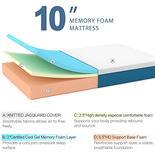 Molblly Queen Size Mattress, 10 inch Cooling-Gel Memory Foam Mattress in a Box, Fiberglass Free,Breathable Bed Mattress for Cooler Sleep Supportive & Pressure Relief, 60" X 80" X 10"