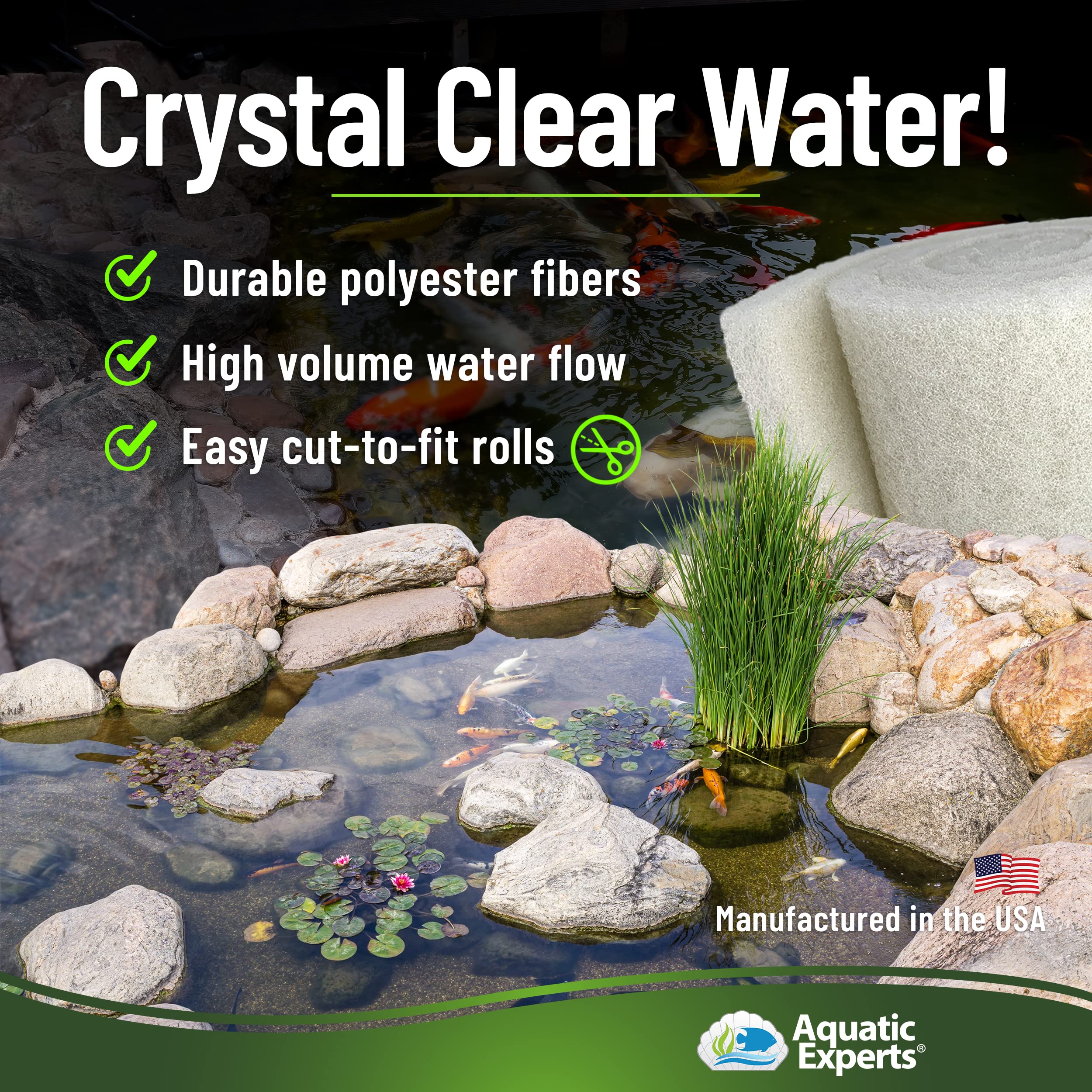 Classic Koi Pond Filter Pad FINE - White Bulk Roll Pond Filter Media, Ultra-Durable Pond Filters for Outdoor Ponds, Reusable Fish Pond Filter Material, USA, Aquatic Experts (3/4" - 1" x 12" x 72")