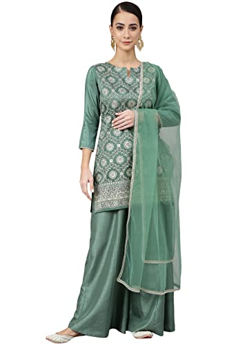 Janasya Indian Women's Mint Green Chinon Foil Print Kurta with Flared Palazzo and Dupatta(SET530-KR-PP-A-XXL)