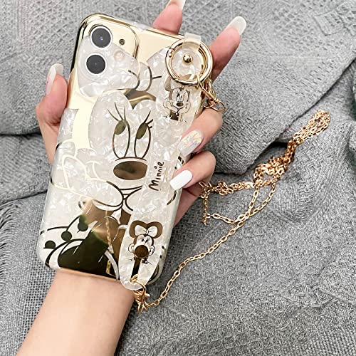 Hosiss Cartoon Case for iPhone 14 Pro Max 6.7" with HD Screen Protector, Minnie Mouse with Wrist Strap Kickstand Metal Chain Strap Soft TPU Shockproof Protective for Girls Women