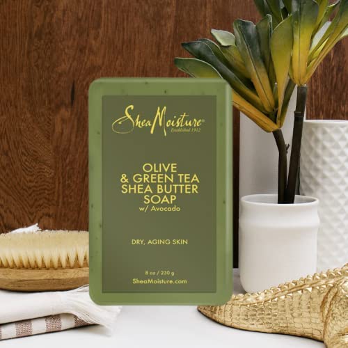 SheaMoisture Shea Butter Bar Soap, Olive & Green Tea, Essential Oils, Skin Care Routine, Olive Oil Soap Bar for Face & Body, Avocado Oil, Rich in Vitamin E, Sensitive Dry Skin (4 Pack - 8 Oz Ea)