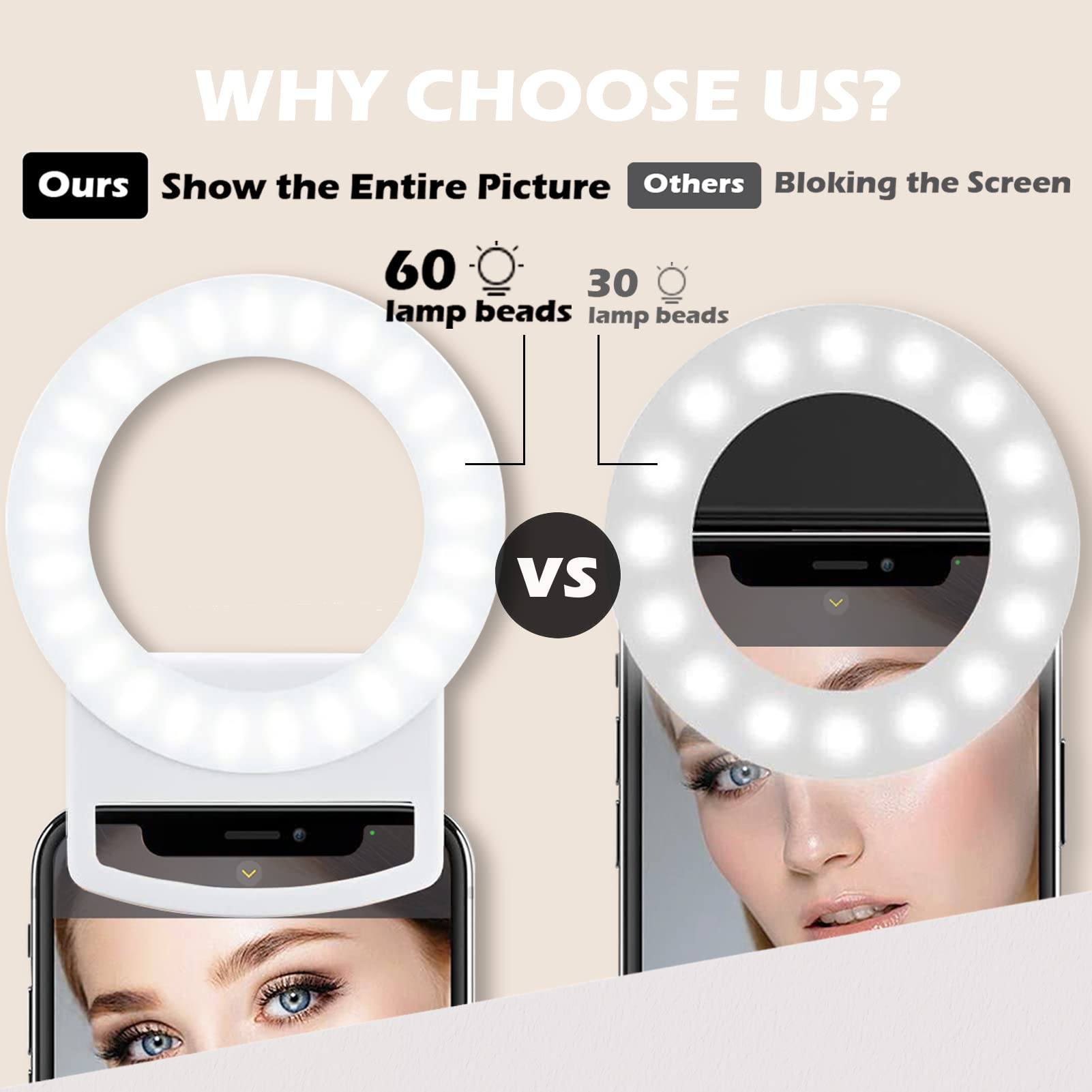 COMEBY Selfie Ring Light, Portable Ring Light with 3 Light Modes, Rechargeable Clip-on Video Conference Light, for Mobile, Laptop, Zoom Meeting, Makeup, TIK Tok