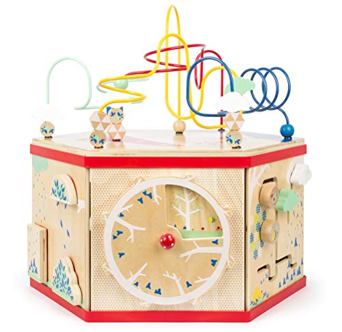 Wooden Activity Cube XL Size by Small Foot โ Classic 7-Sided Interactive Toy with Bead Maze, Puzzle, Shape Sorter, Clock & Wheels - Develops Kids Dexterity, Motor Skills โ Age 12+ months