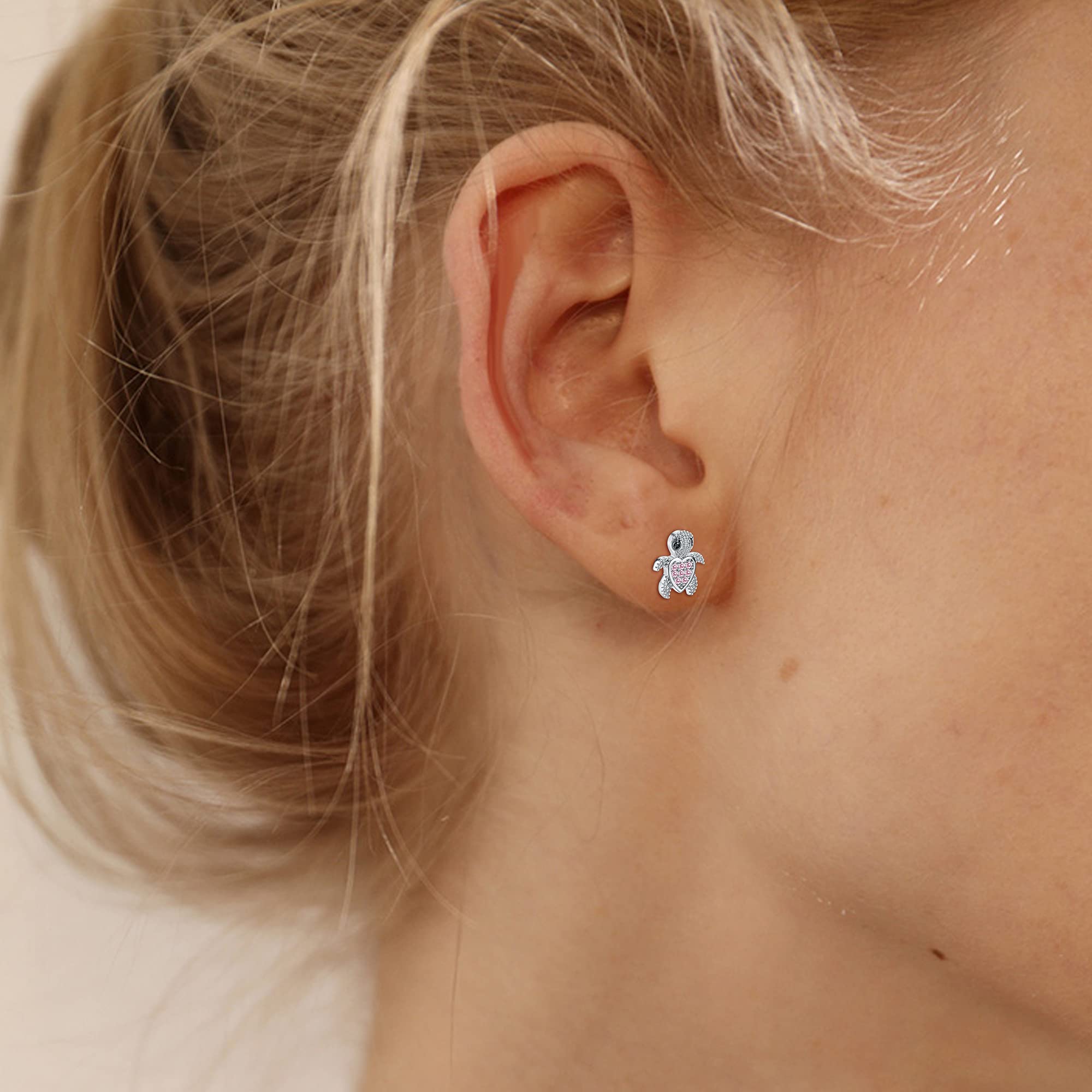 CASSIECA 20G Hypoallergenic Screwback Earrings for Teens Women Stainless Steel CZ Heart Flower Turtle Stud Earrings Jewelry Gift