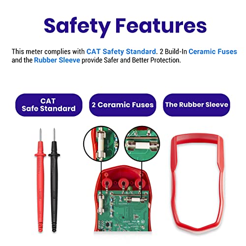 Etekcity Digital Multimeter, AC DC Voltmeter Amp Volt Ohm Current Meter, Electrical Voltage Outlet Circuit Tester With Continuity Resistance Diode Test ,Two Build-In Ceramic Fuses, Red, MSR-R500