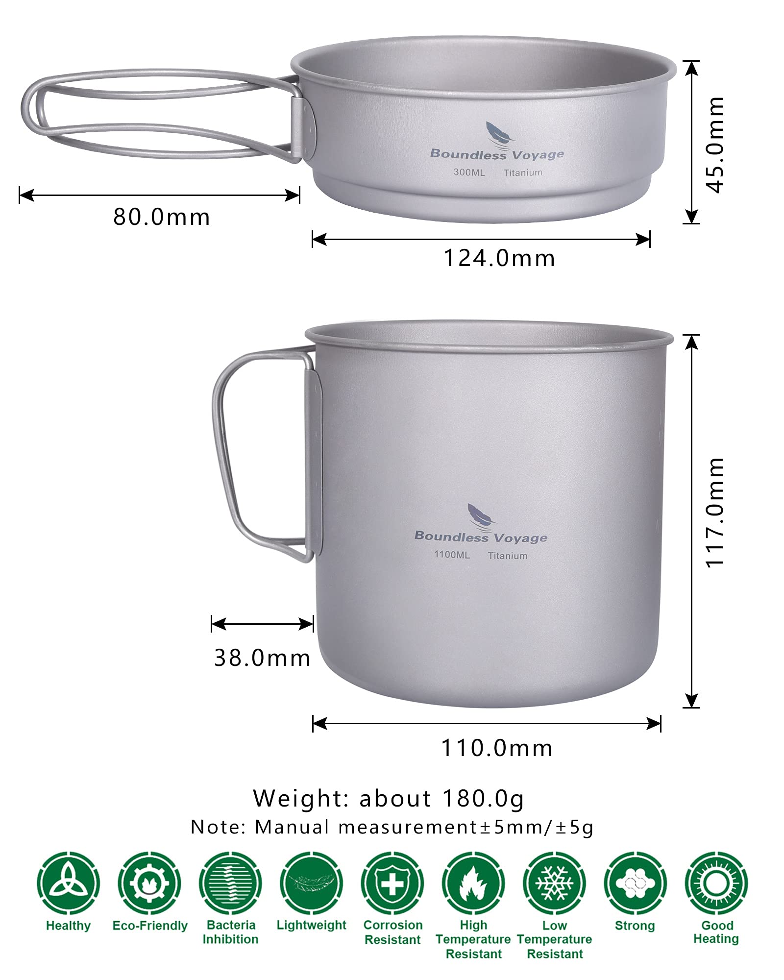 Boundless Voyage Camping Titanium Pot Pan Set with Folding Handles Outdoor Picnic Hiking Bowl Plate Mess Kit Tableware Cookware Ti2053C