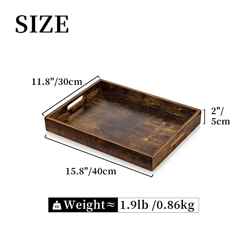 Hanobe Brown Decorative Serving Trays: Rustic Brown Rectangle Tray Decor with Cutout Handles for Coffee Table Ottoman Living Room Kitchen Home Decor, Large