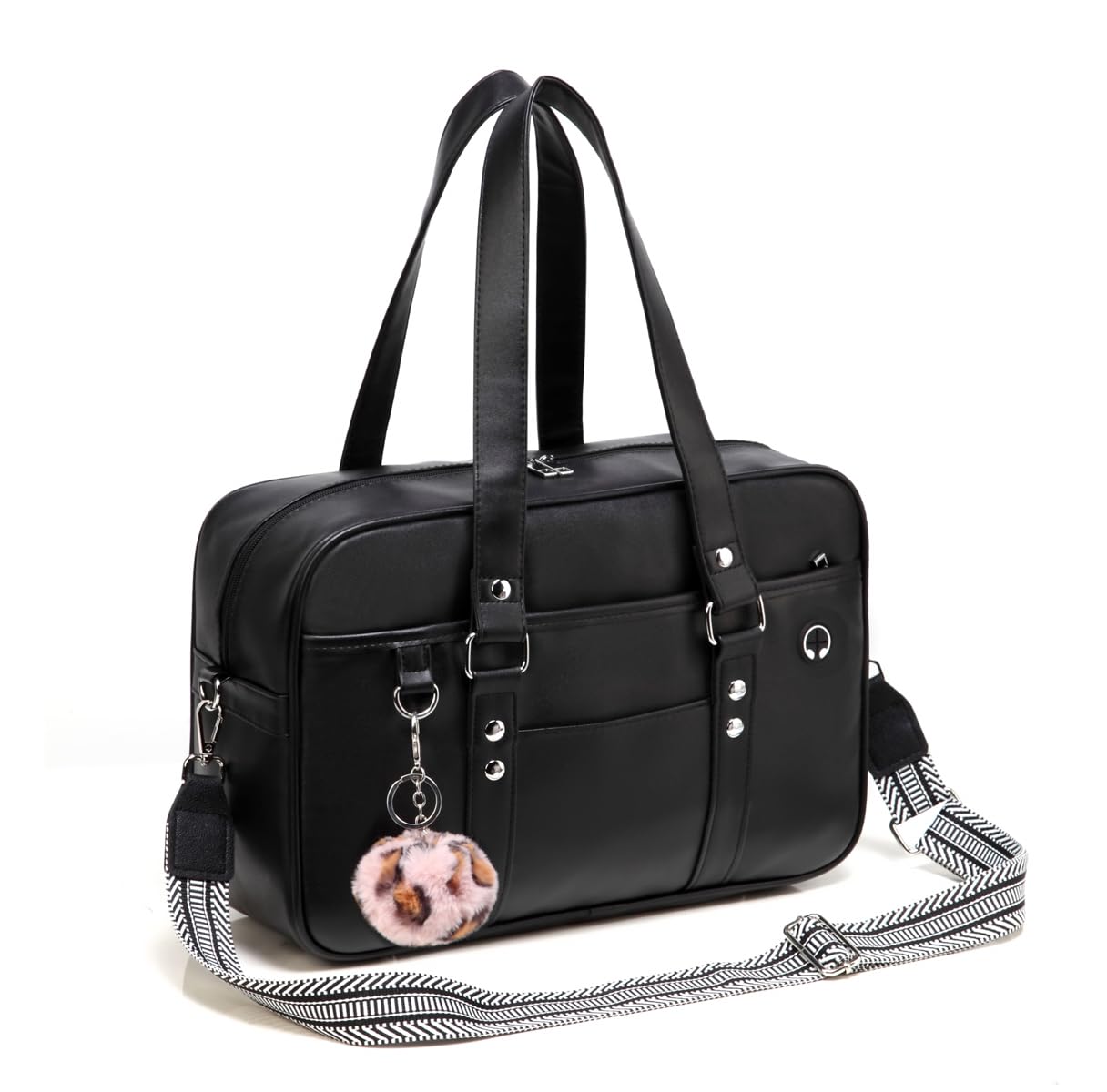 Chillpaper Large Japanese Style Bookbag Shoulder Bag,Faux Leather Messenger Crossbody Bag with Pink Pompom Stripe Strap (A3 Big Size, Black Heart Window)