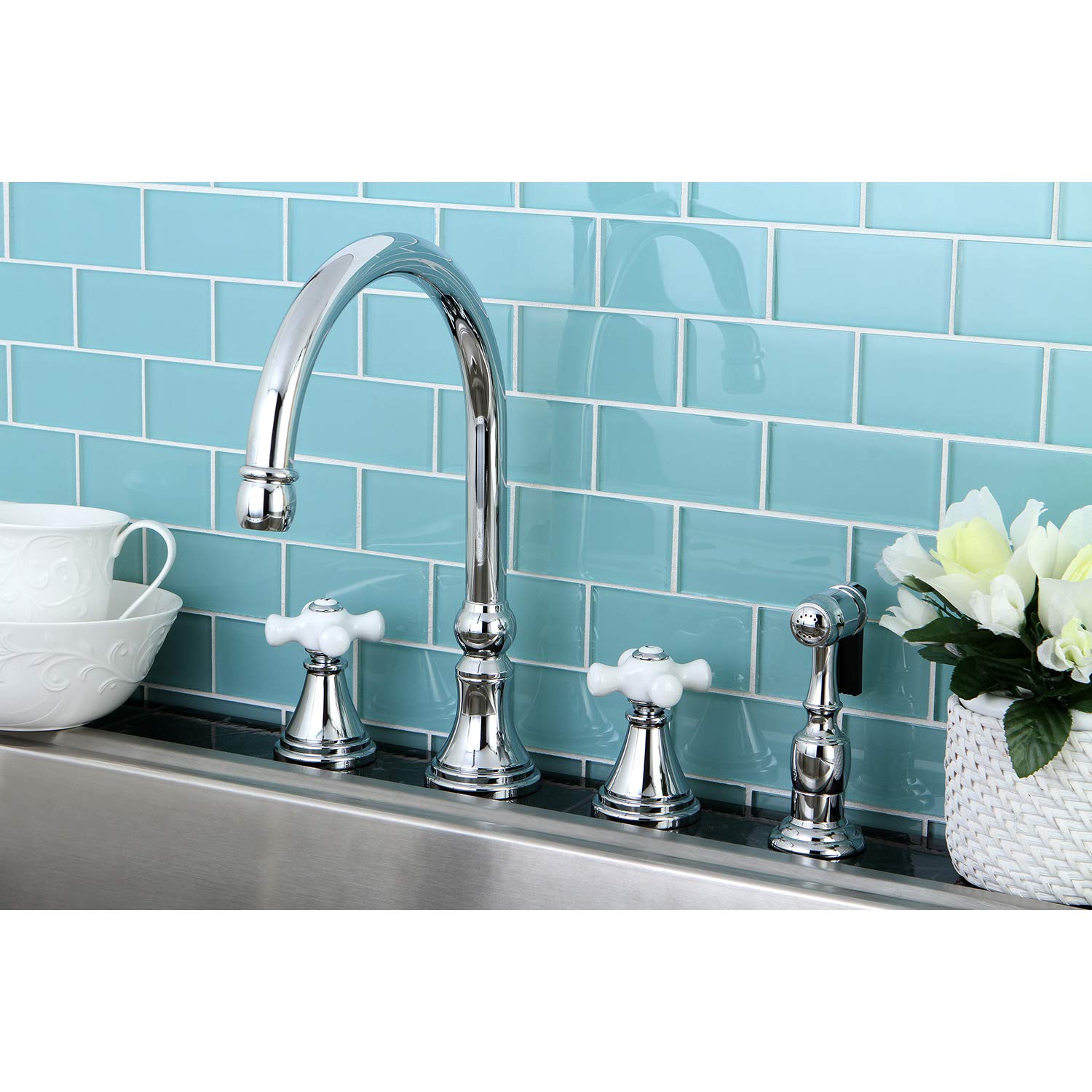 Kingston Brass KS2791PXBS Governor Deck Mount Kitchen Faucet with Brass Sprayer, 8-1/4-Inch, Polished Chrome