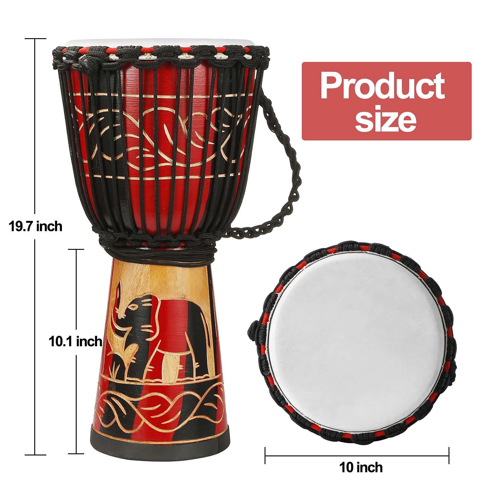 Djembe Drum Bongo Hand Drum with Goatskin African Drum Congo Stardard Size Great Gift for Beginners Adults and Kids elephant