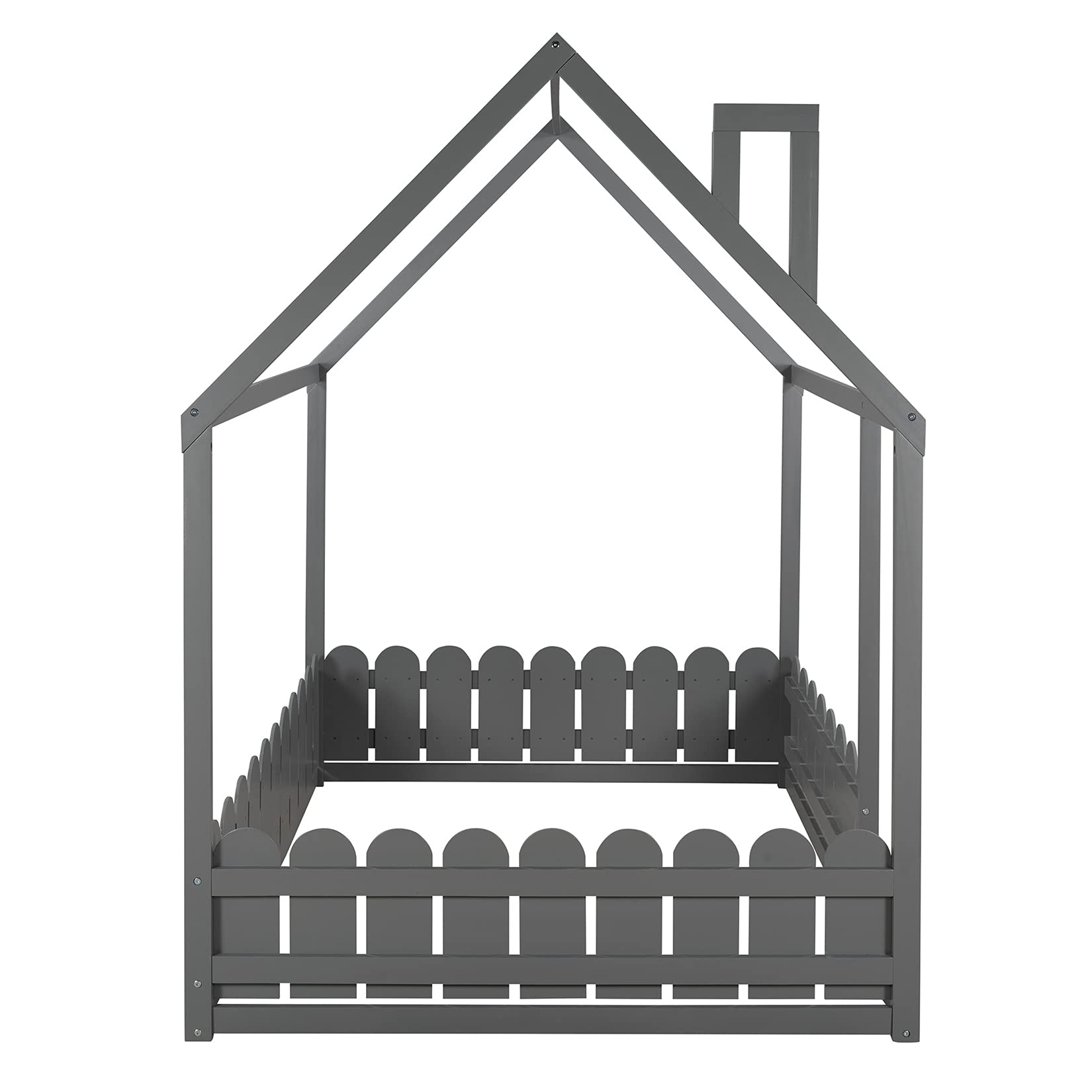 Kids House Beds, Full Floor Bed with Fence Wood Cabin Bed Frame Can be Decorated for Teens, Girls, Boys, Adults, Gray