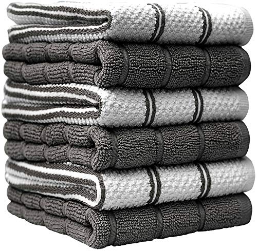 Kitchen Hand Towels 16"x 28" | Grey Popcorn Gird Design | Kitchen Towel Set | Soft, Highly Absorbent with Hanging Loop | Natural Ring Spun Cotton Kitchen Towel | Large Tea Towel Set | 380 GSM - 6 Pack