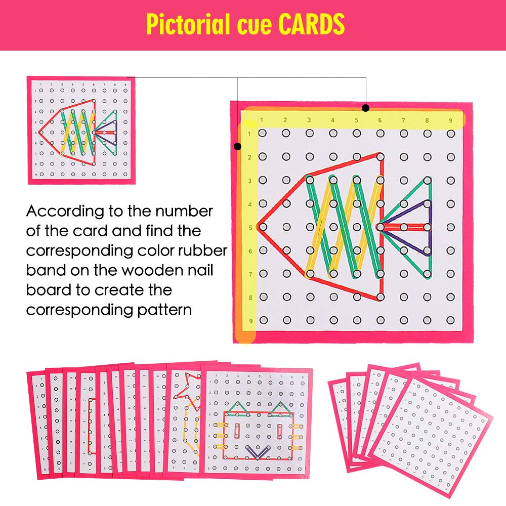 Skrtuan Wooden Geoboard with Rubber Bands, Montessori Educational Toy for Kids, Pattern Block Geo Board with Pattern Cards and Rubber Bands Create to Figures Shape STEM Puzzle Matrix Brain Teaser