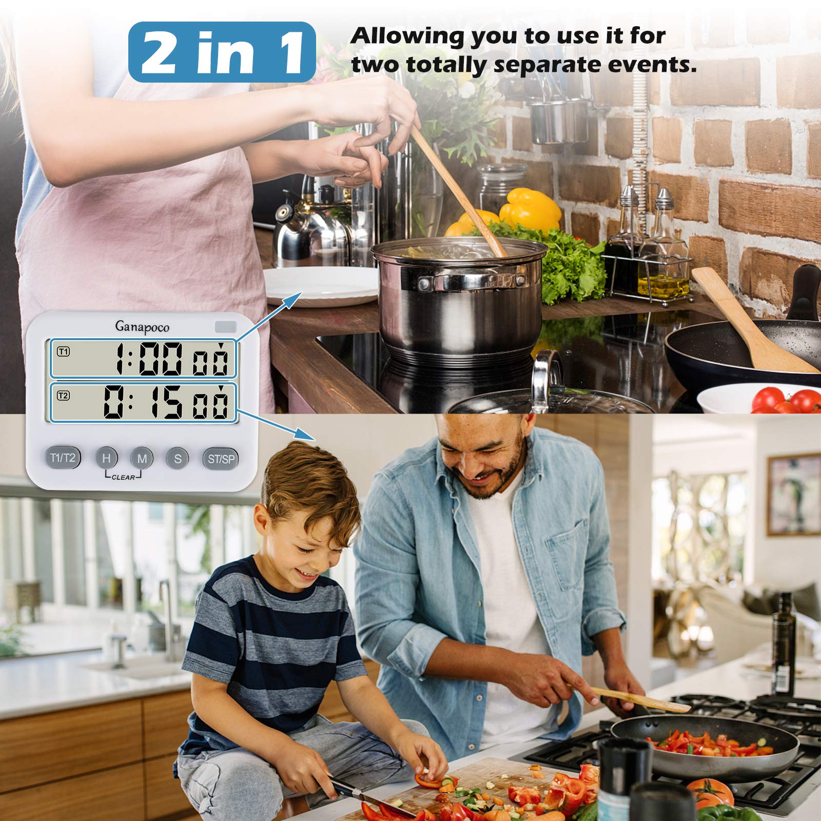 Dual Digital Timer, Kitchen Timer for Cooking Countdown Timers Pomodoro Timer with Magnetic - AAA Batteries Included
