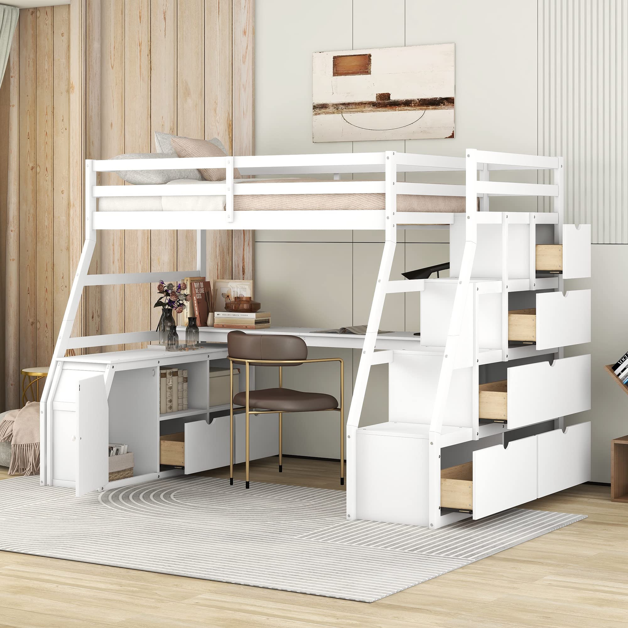 Harper & Bright Designs Twin Size Loft Bed with 5-Drawers Storage Stairway, Built-in Desk with Cabinet, 2 Drawers and Shelves, Full Length Guardrail Twin Loft Bed Frame, White