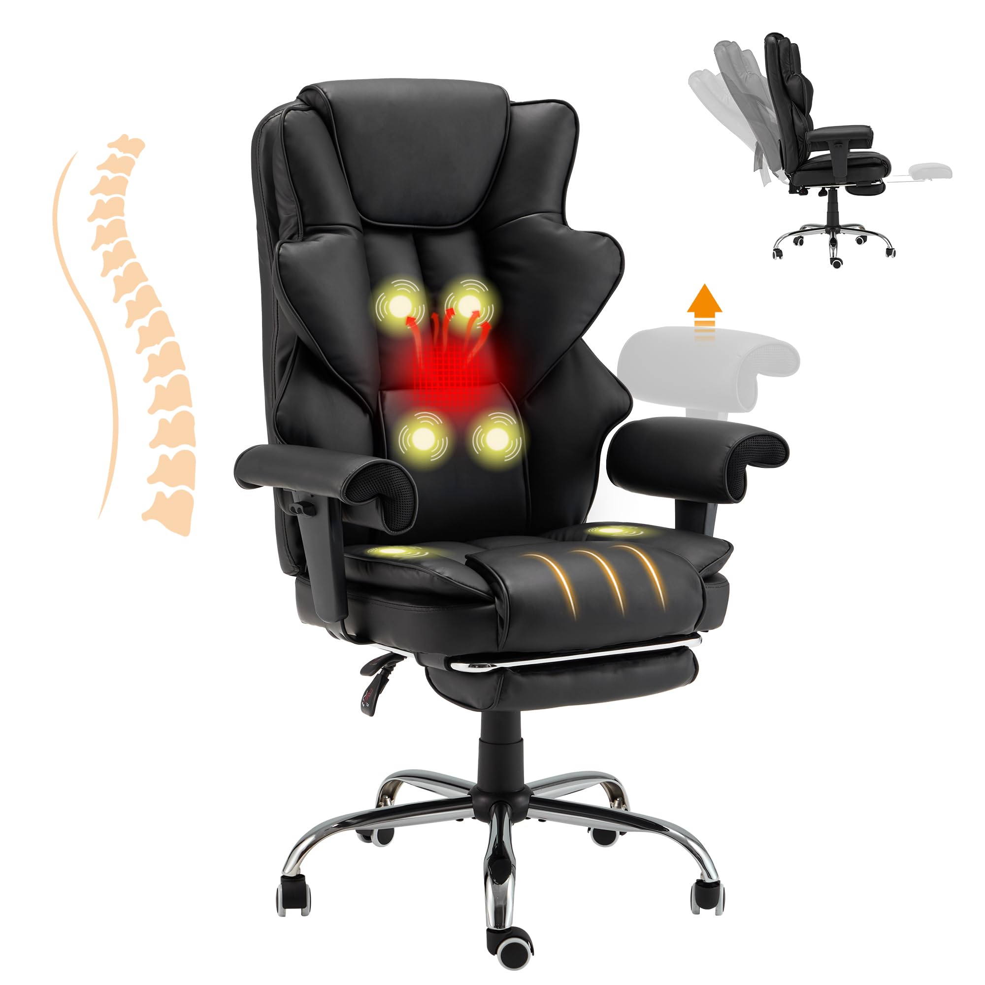 HOMREST 6-Point Massage Office Chair,Heating Executive Chair,Ergonomic Home Office Desk Chair with Retractable Footrest and Reclining Function,Leather Computer Chair with Adjustable Armrest(Off White)