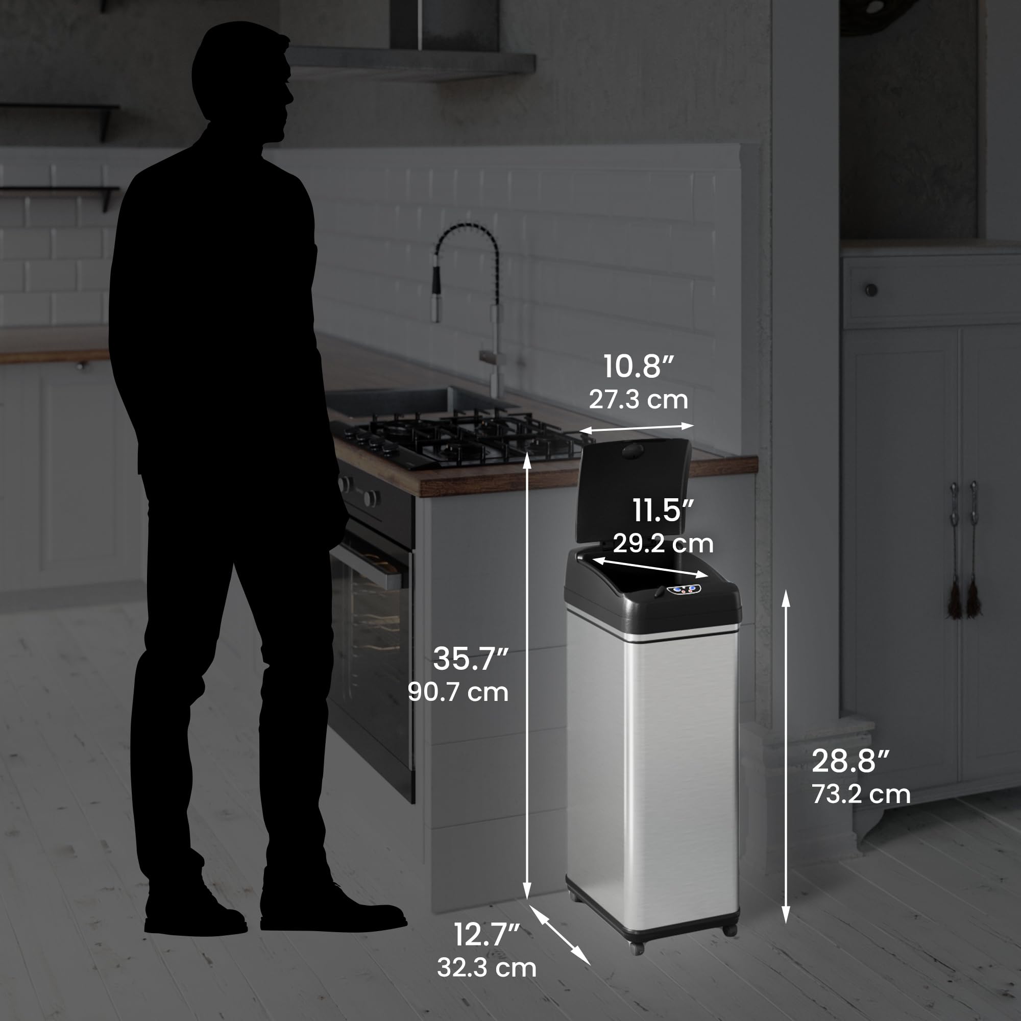 iTouchless 13 Gallon Glide Sensor Trash Can with Wheels and 10 Premium Trash Bags, Odor Control System, Automatic Kitchen and Office Garbage Bin, Stainless Steel