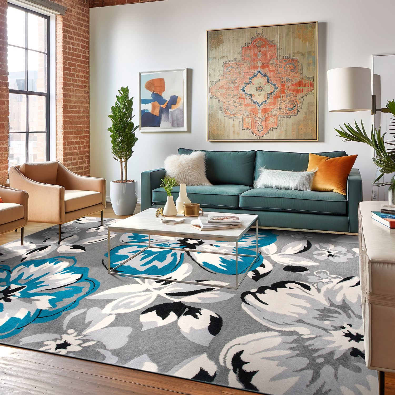 Rugshop Modern Floral Design Area Rug for Living Room,Bedroom,Home Office,Kitchen Non Shedding Area Rug 7'6" X 9' 5" Blue