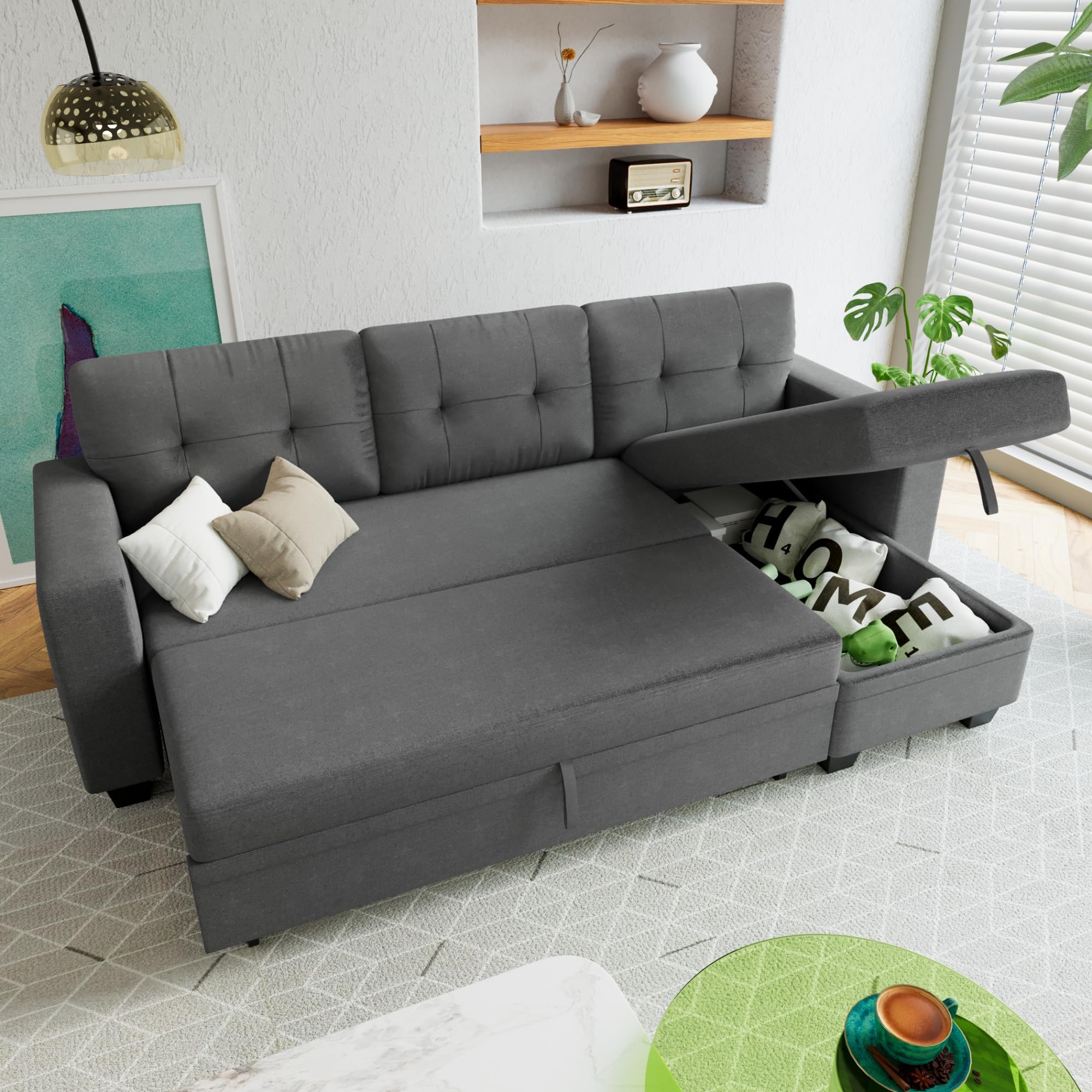 Furniwell Sleeper Sofa, L Shaped Pull Out Couch Sofa Bed with Storage Chaise Sectional Couch for Small Apartments, Living Room and Office (Linen Fabric)